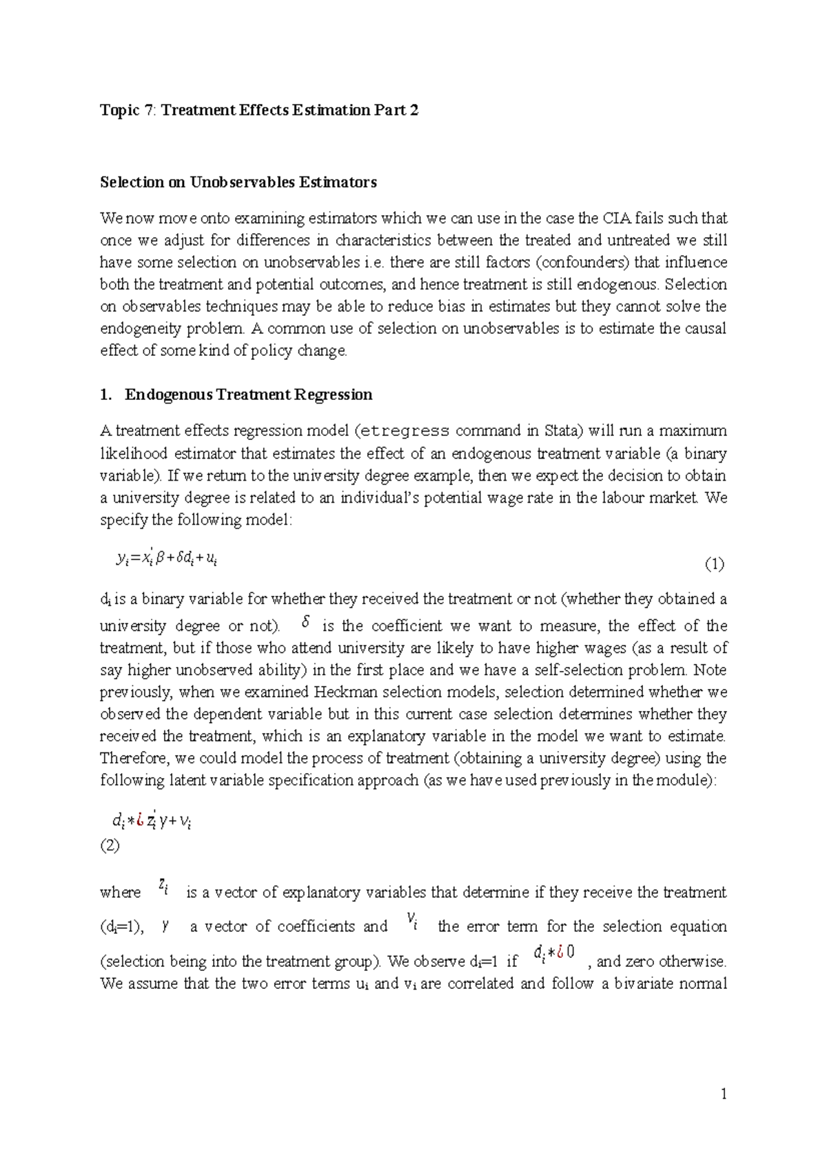 Treatment effects 2 - Lecture notes 7 - Topic 7: Treatment Effects ...