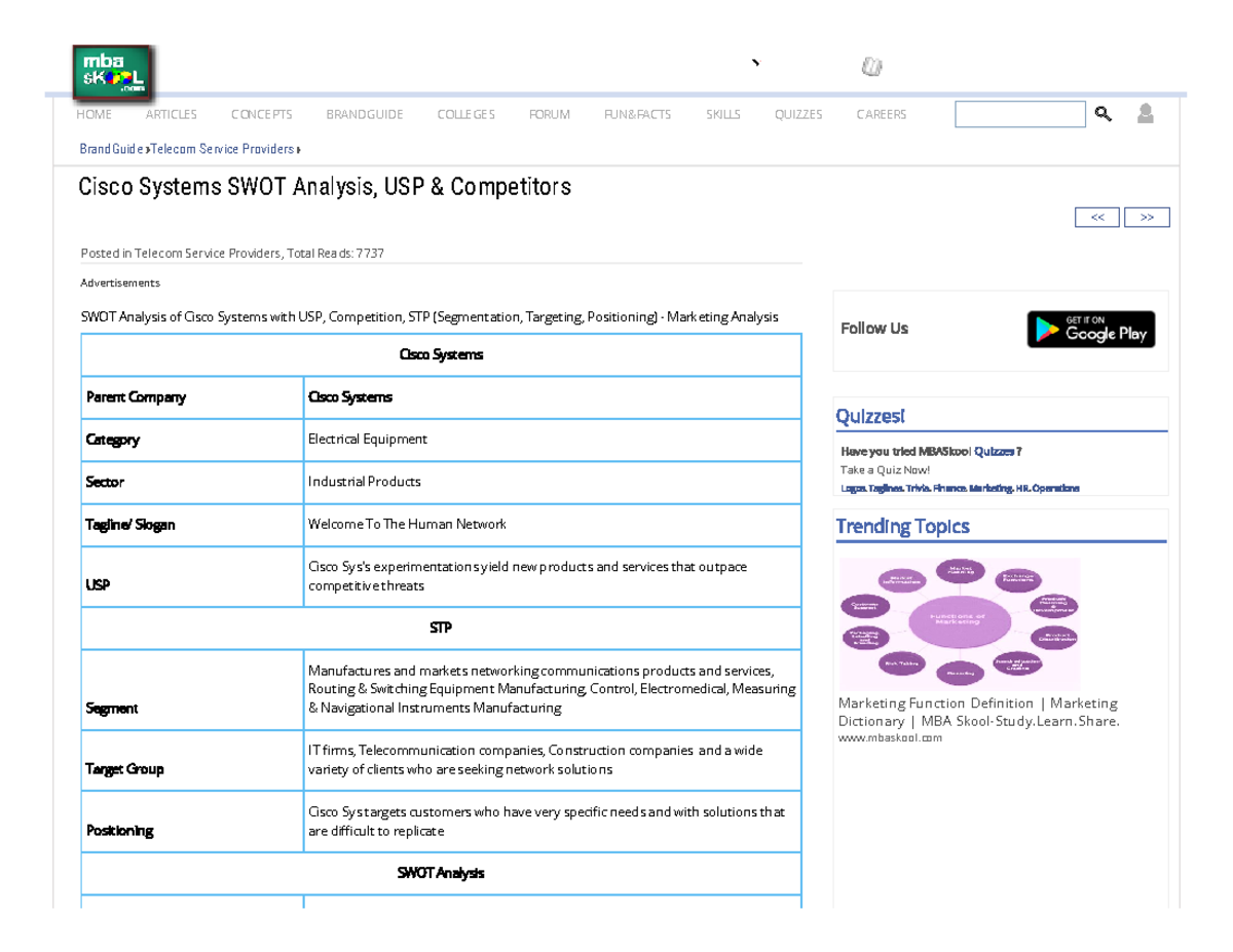 Cisco Systems SWOT Analysis USP & Competitors Brand Guide MBA Skool ...