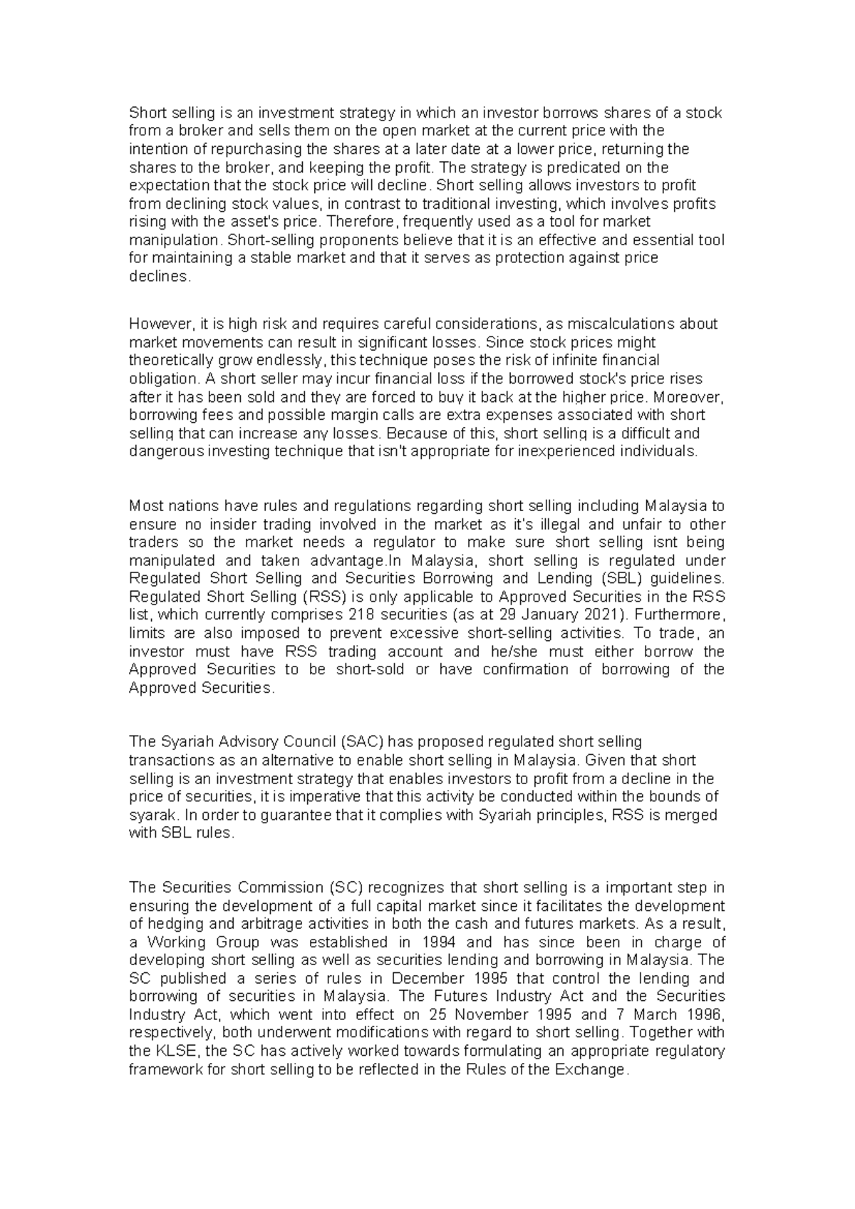 Document 1 - mgt334 - Short selling is an investment strategy in which ...