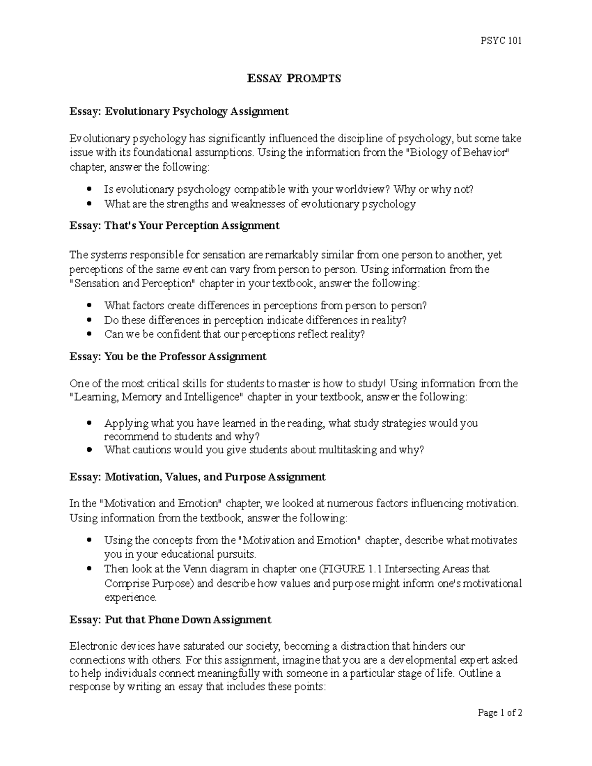 Essay Prompts - PSYC 101 ESSAY PROMPTS Essay: Evolutionary Psychology ...