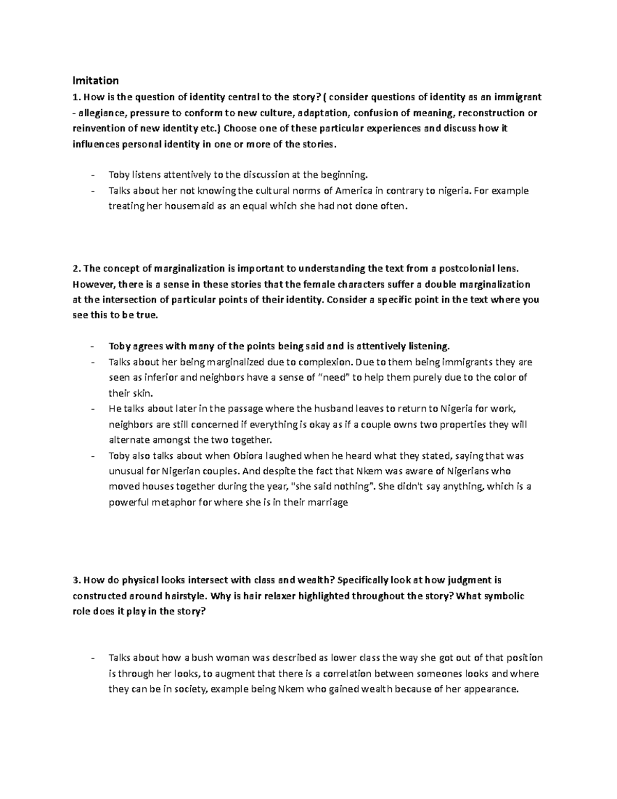 Imitation - Ttayn Discussion Notes - Imitation How is the question of ...