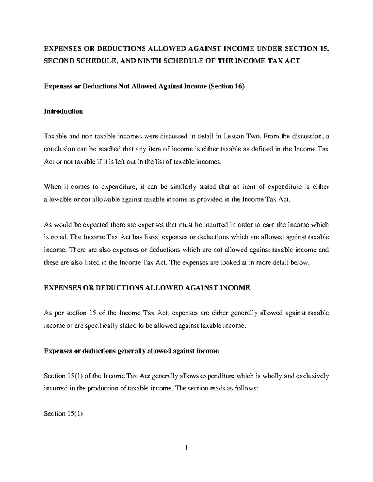 Notes on taxation of business income 2019 - EXPENSES OR DEDUCTIONS ...