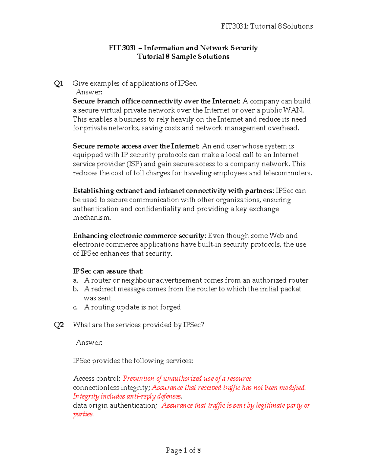 Tutorial 8 Solutions - FIT3031: Tutorial 8 Solutions FIT 3031 ...