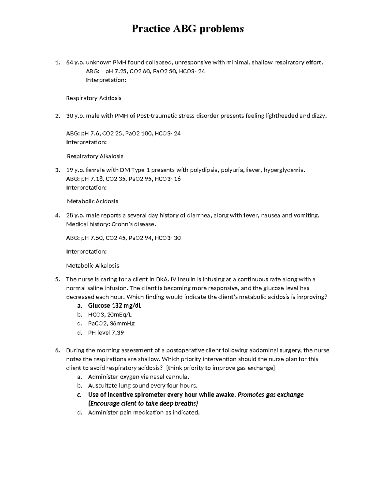 ABG Practice Student - Practice ABG problems 64 y. unknown PMH found ...