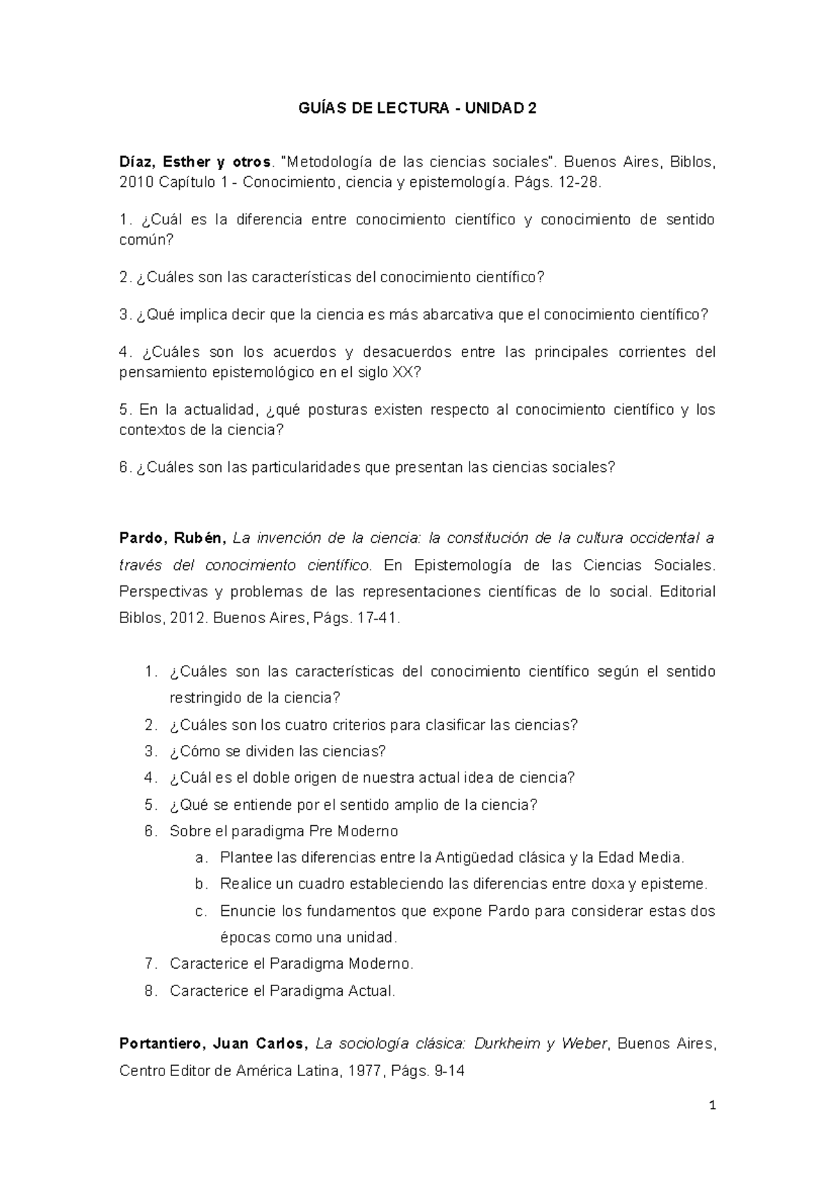 Guías de lectura Unidad 2 - GUÍAS DE LECTURA - UNIDAD 2 Díaz, Esther y ...