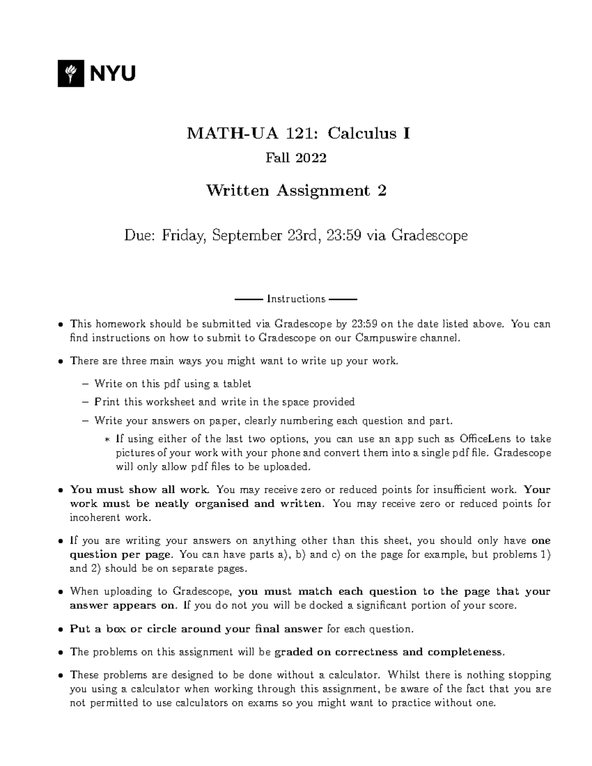 Written Assignment 02 - Calculus 1 Professor Fanny Shum Spring 2023 - MATH-UA 121: Calculus I ...