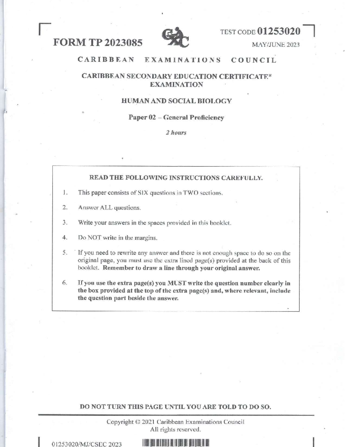 HSB Paper 2 2023 - Introductory Biology - Studocu