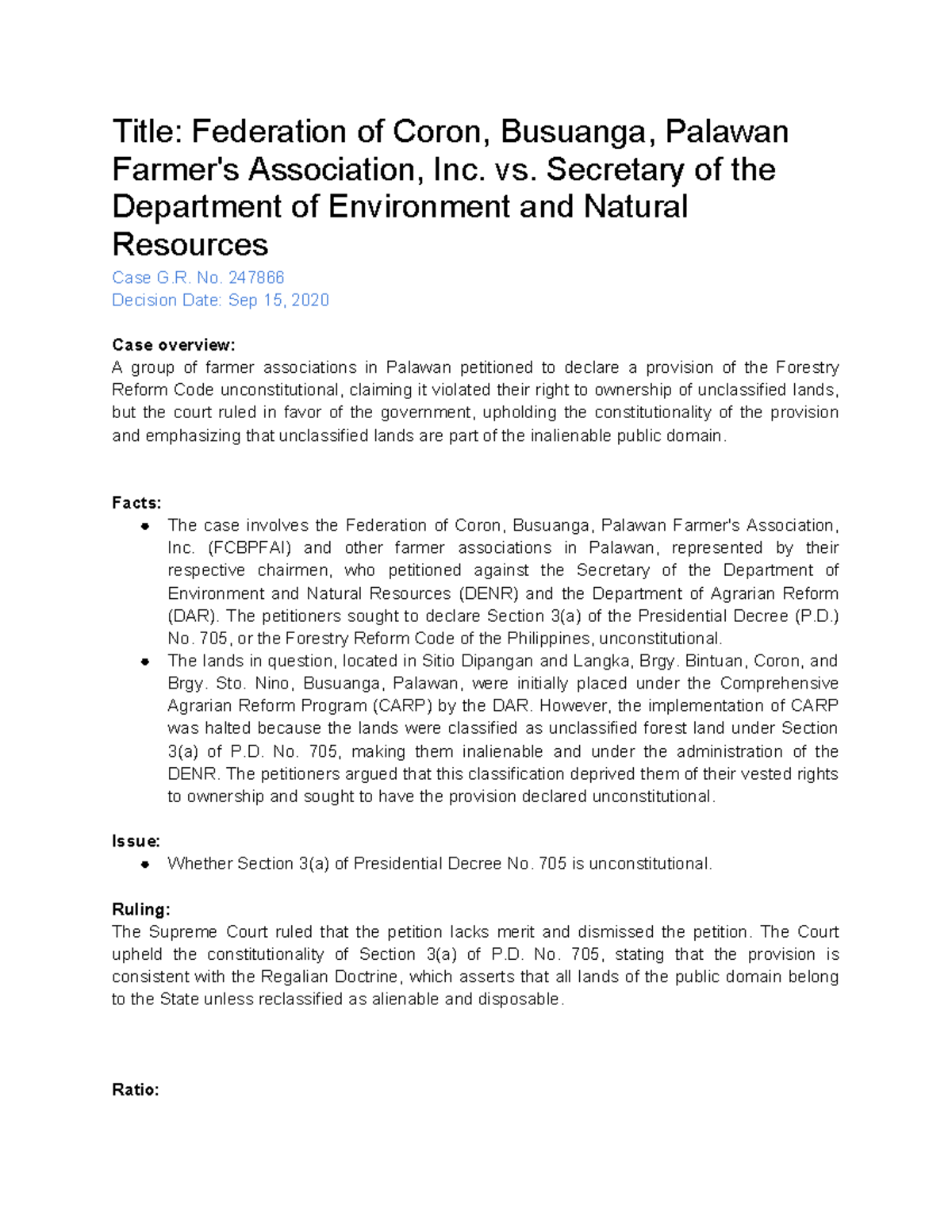 CASE Digest - 072924 - Title: Federation of Coron, Busuanga, Palawan ...