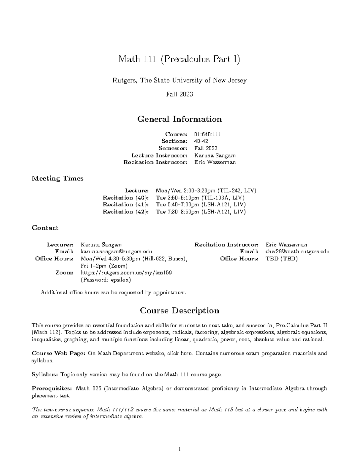 MATH 111 Syllabus Fall 2023 - Math 111 (Precalculus Part I) Rutgers ...