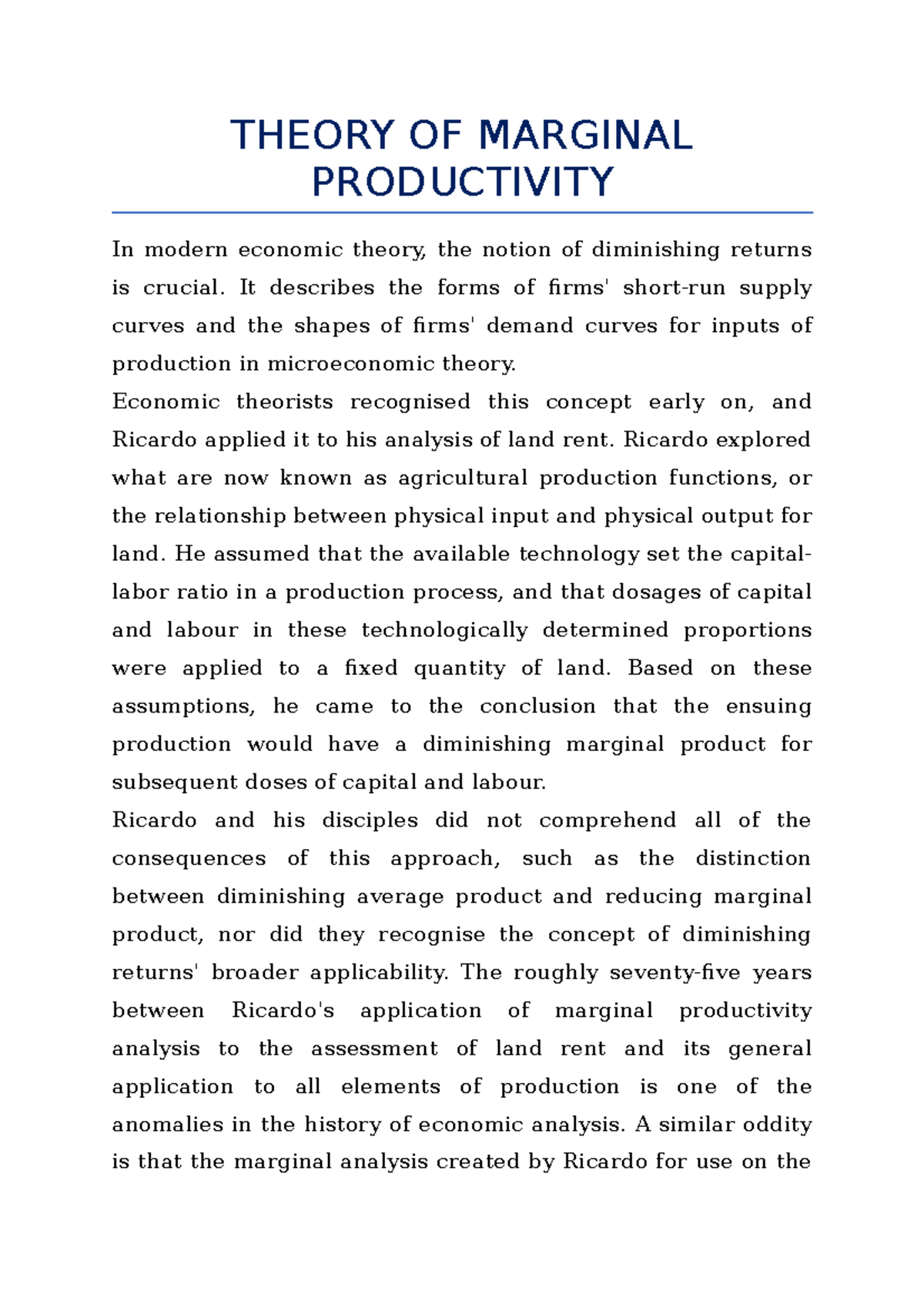 Theory OF Marginal Productivity - THEORY OF MARGINAL PRODUCTIVITY In ...