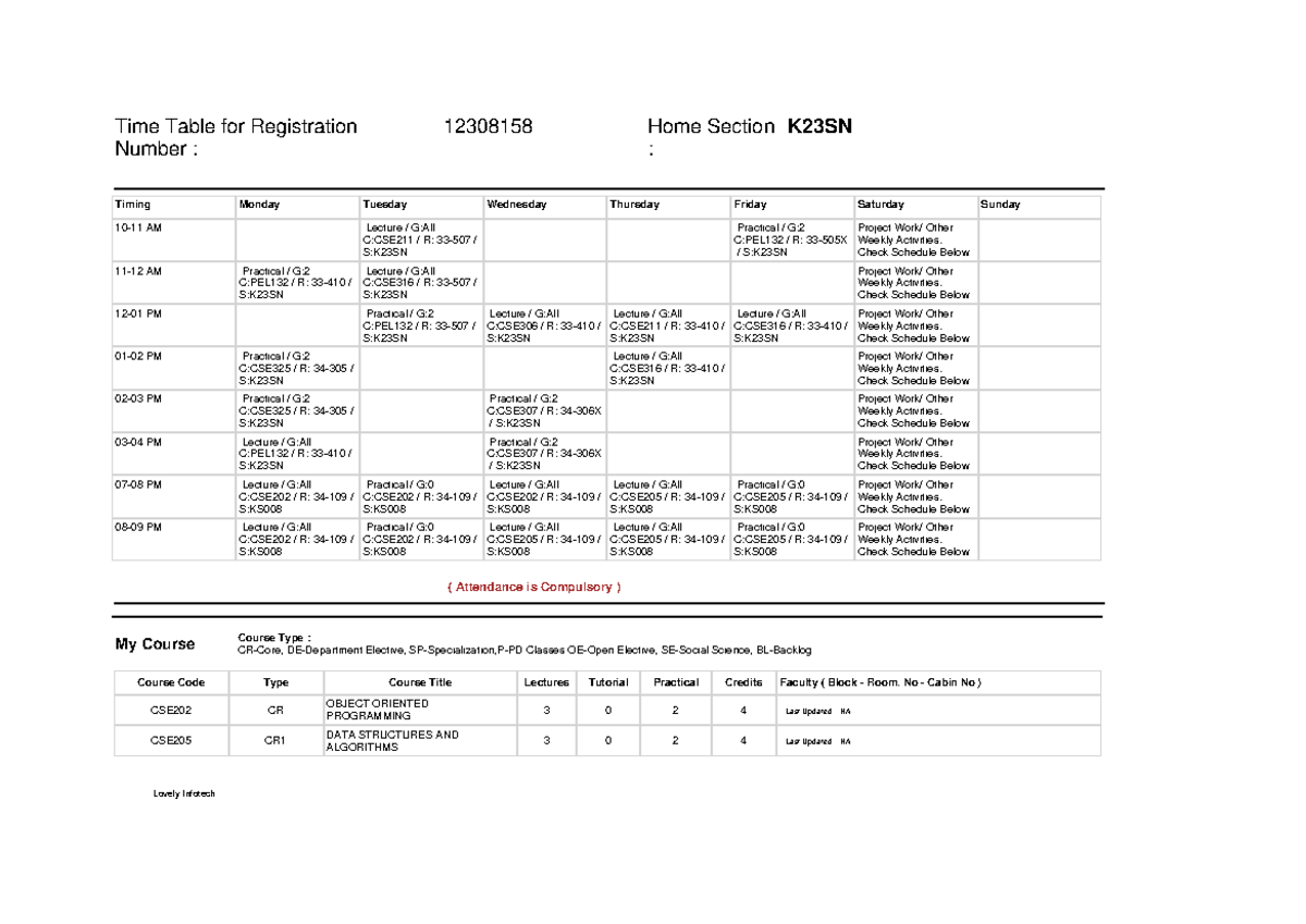 Rpt Time Table Student - Time Table for Registration Number : 12308158 ...