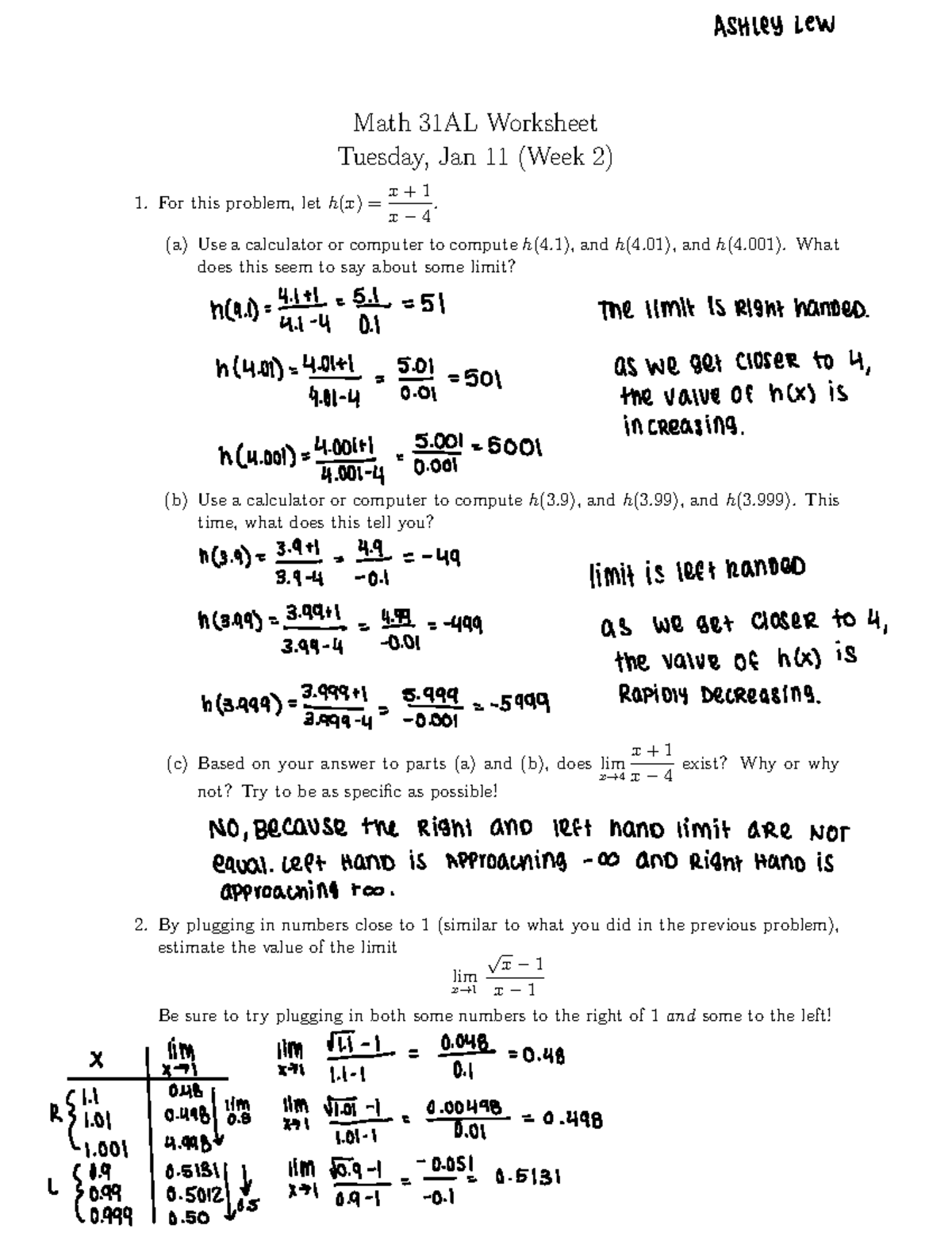 Worksheet for Math 31AL #3 - Math 31AL Worksheet Tuesday, Jan 11 (Week 2) For this problem, let ...