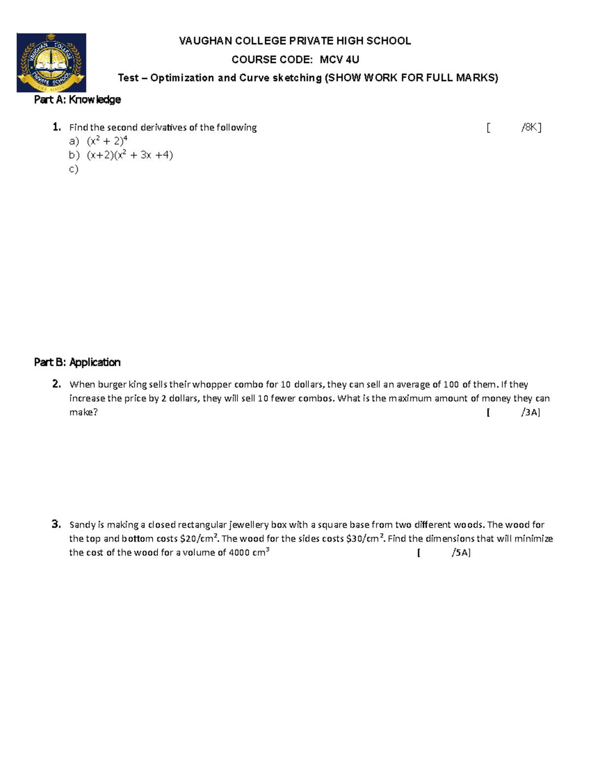 Test Optimization and Curve Sketching - VAUGHAN COLLEGE PRIVATE HIGH ...