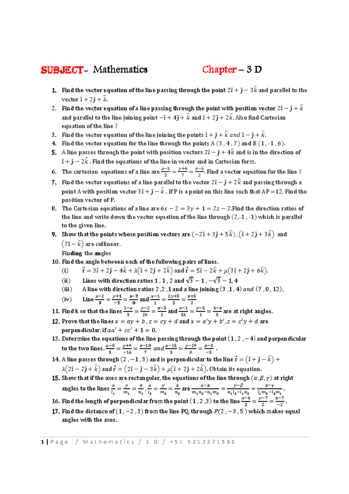 Three D - important questions of 3 d geometry - 1 | P a g e / M a t h e m a t i c s / 3 D / + 9 ...
