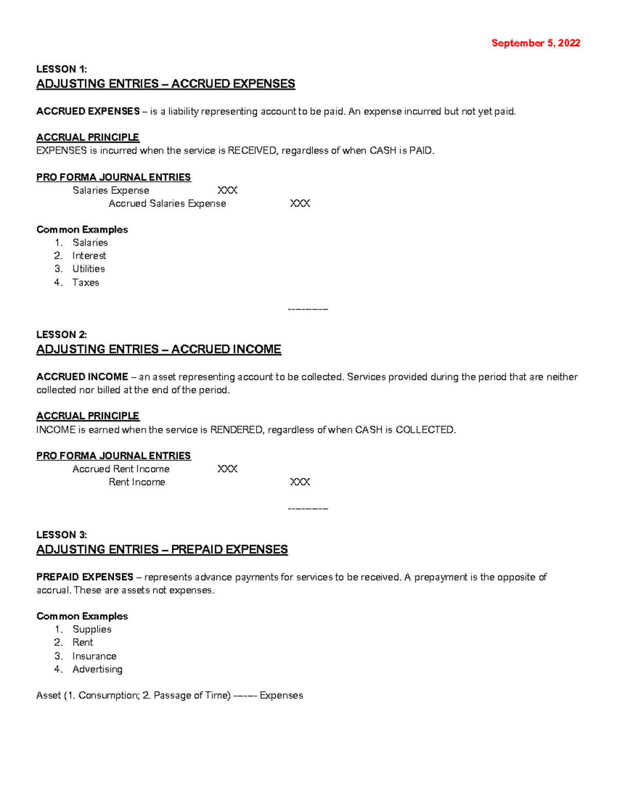 Fundamentals of Accounting 05 (Adjusting Entries) - September 5, 2022 ...
