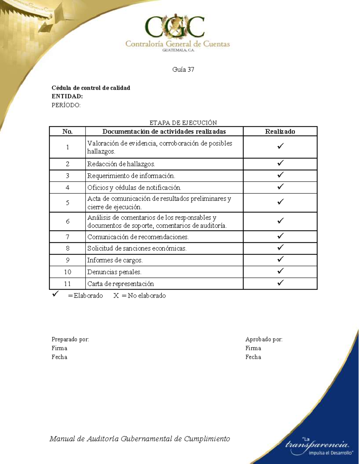 Checklist control calidad - Manual de Auditoría Gubernamental de ...