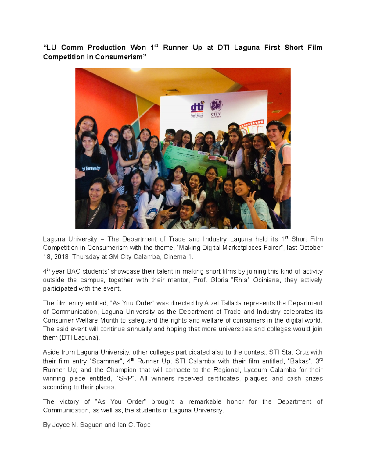 DTI Accomplishment Report “As You Order” - “LU Comm Production Won 1st ...