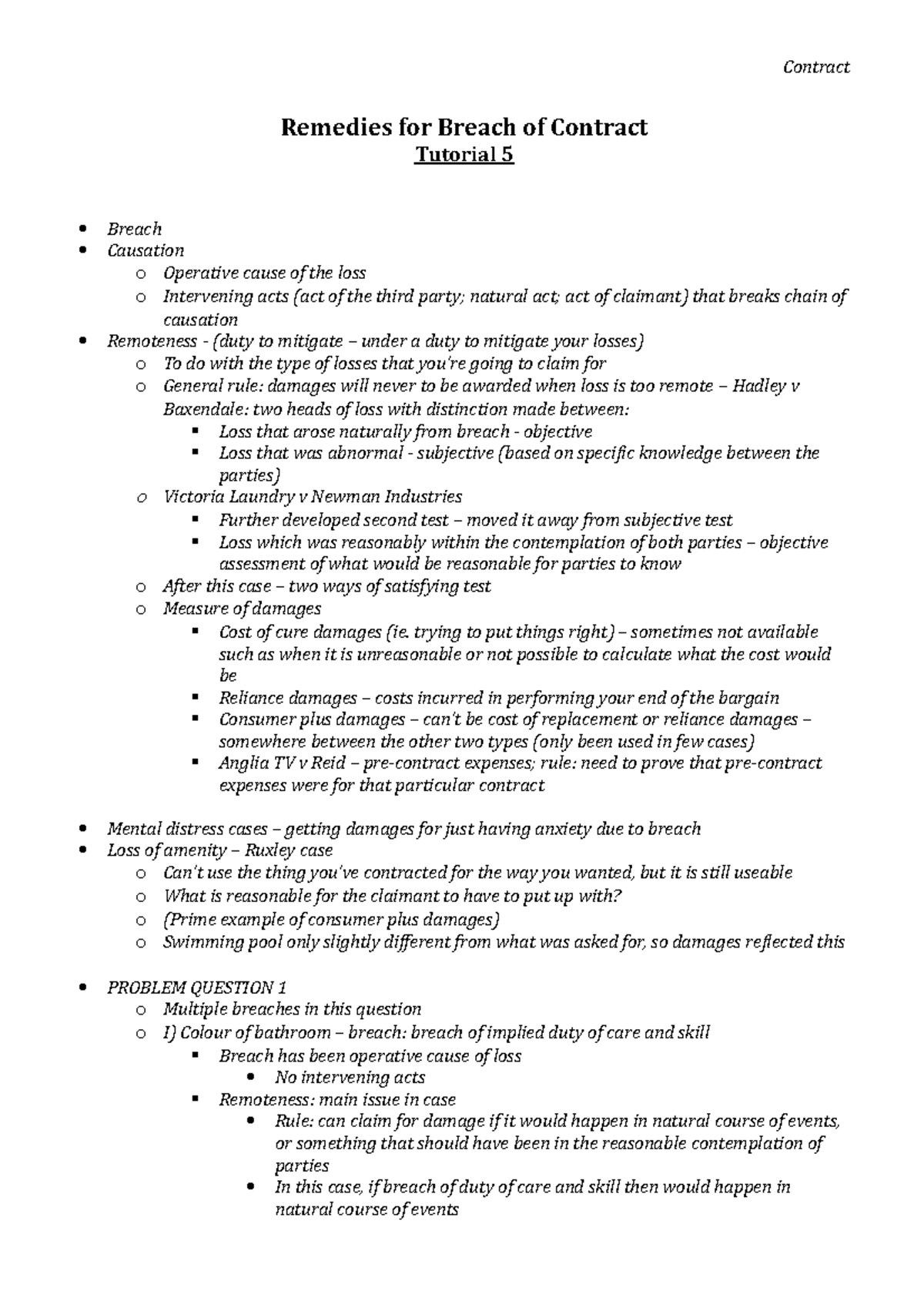 Remedies for Breach of Contract (Tutorial notes) - Contract Remedies ...
