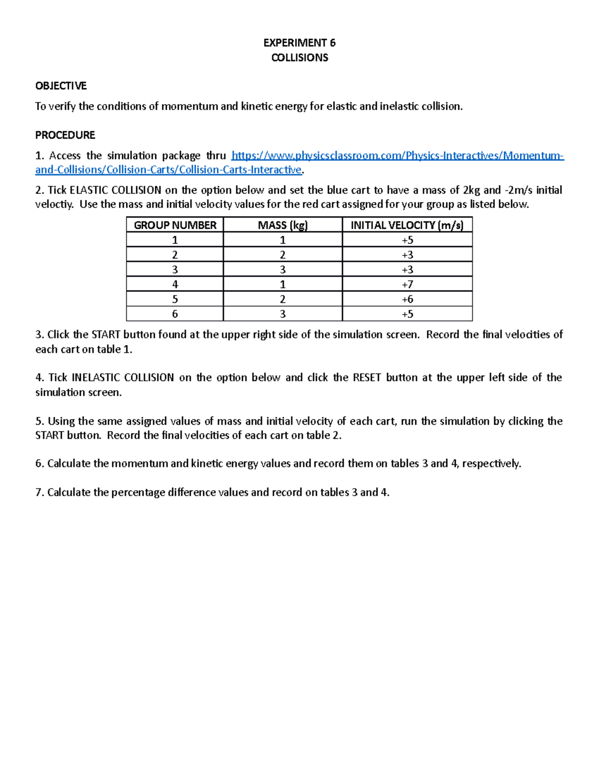 Expt 6. Collisions - notes - EXPERIMENT 6 COLLISIONS OBJECTIVE To ...