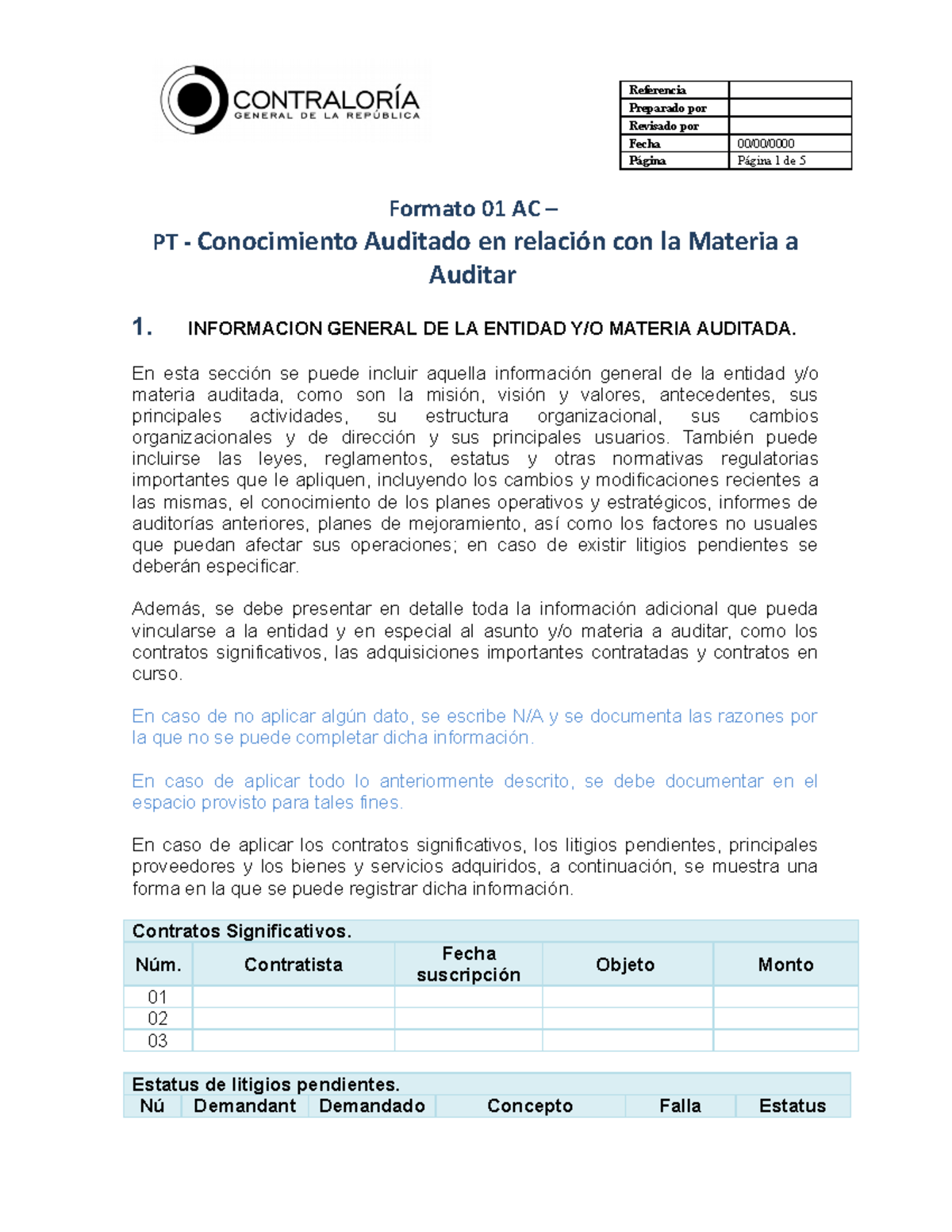 Formato 01 AC - PT Conocimiento Auditado en relación con el Asunto o ...