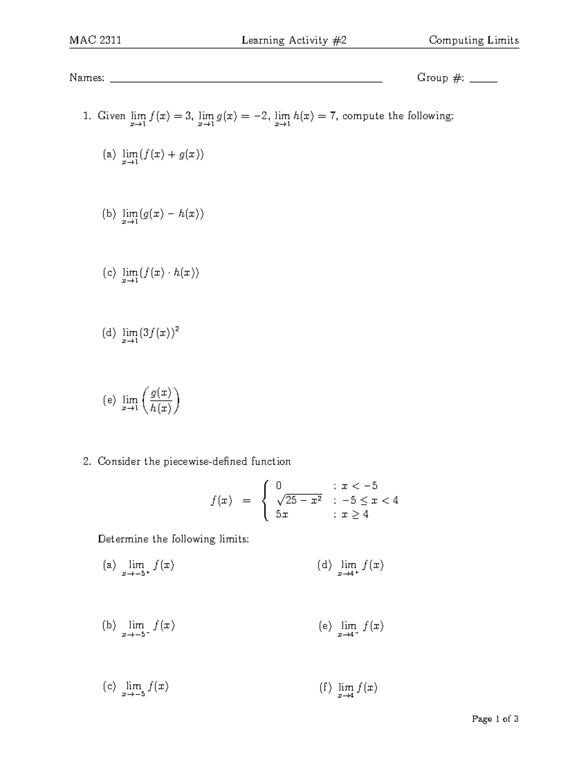 Learning Activity 2 Given Limx 1 F x 3 Limx 1 G x 2 Limx 1