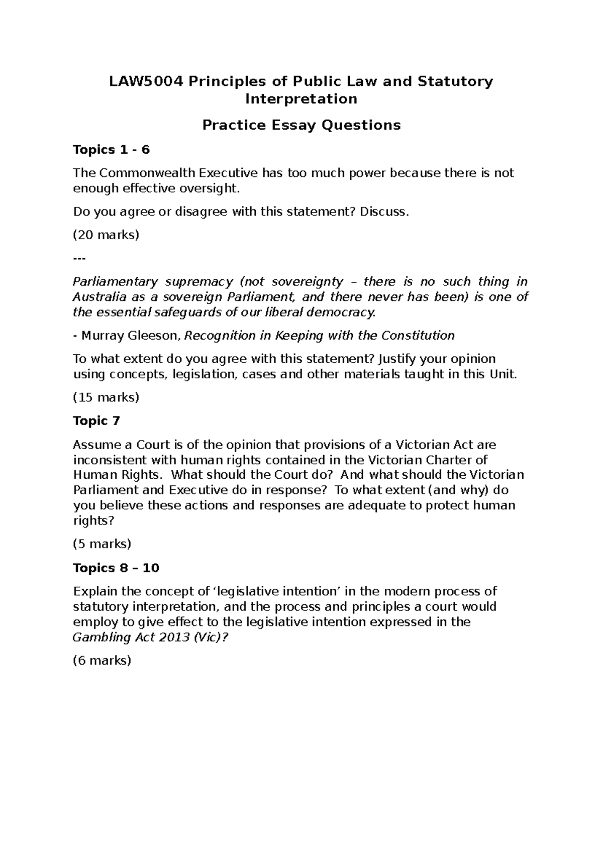 PLSI Practice Short Essay Questions - LAW5004 Principles of Public Law ...