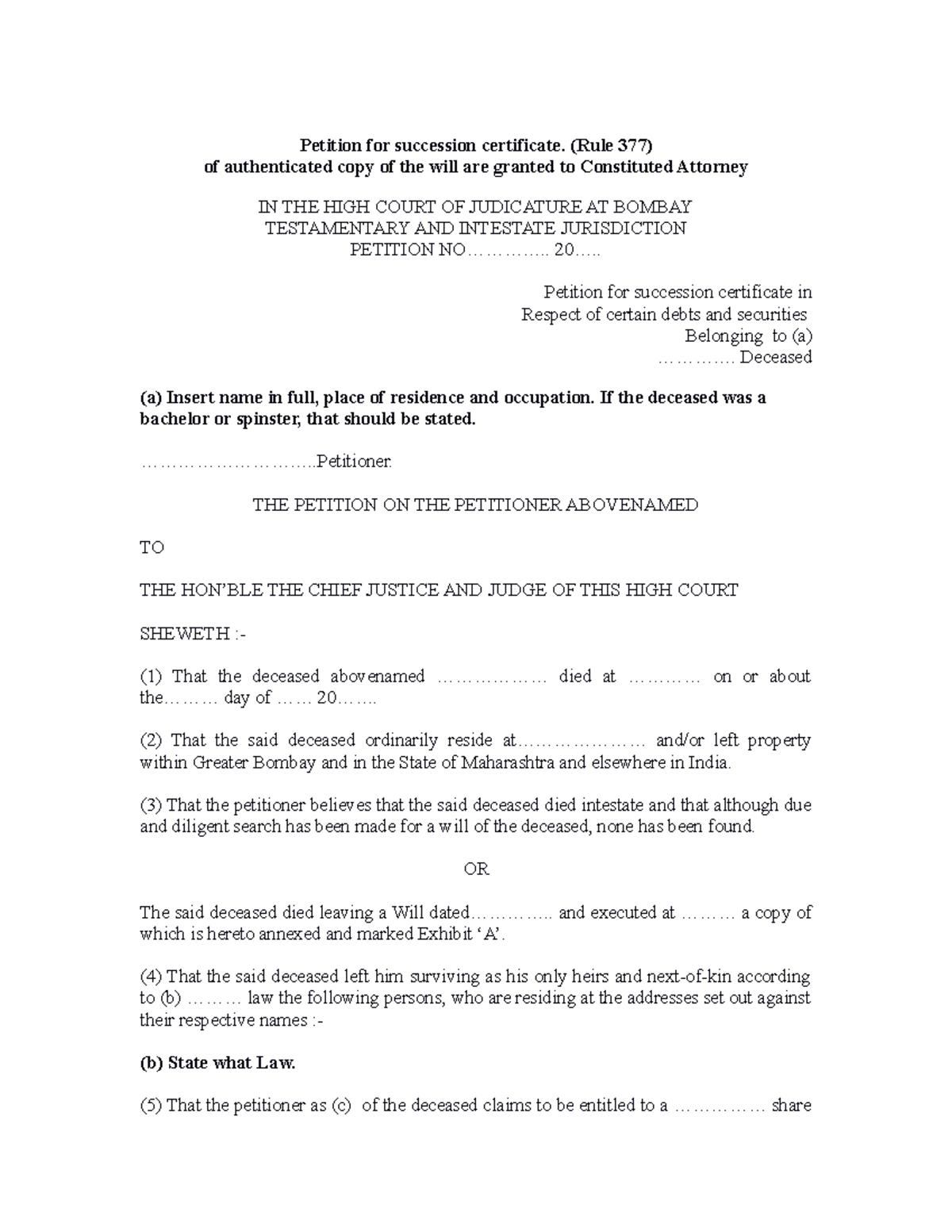 Succession Certificate RULE 377 OF Authenticated COPY - Petition for ...