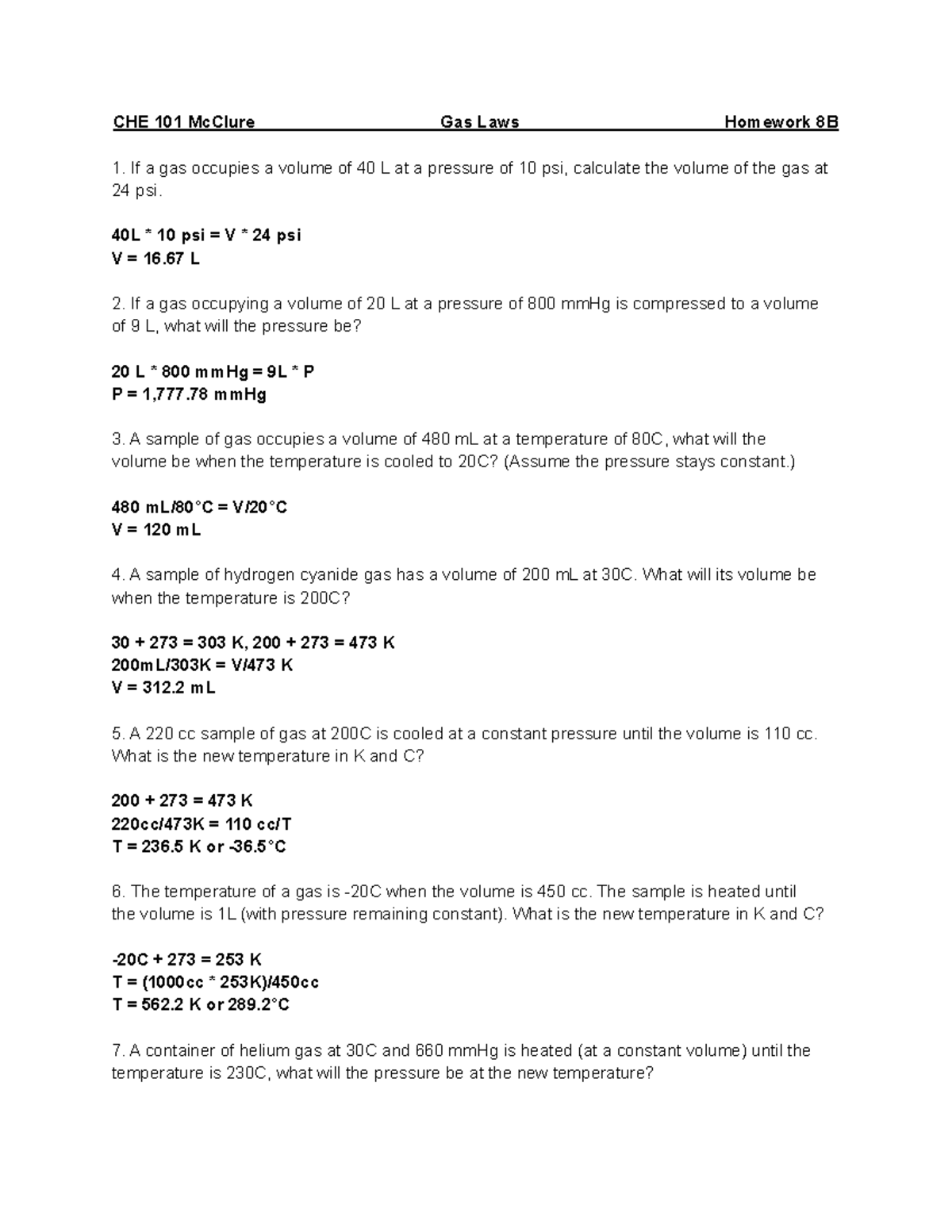 CHEM 8B Homework Assignment - CHE 101 McClure Gas Laws Homework 8B If a ...