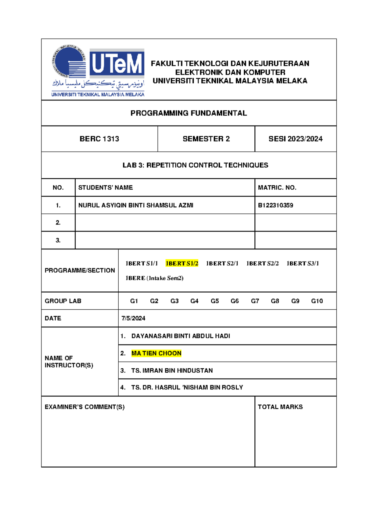 B122310359 LAB2 - PROGRAMMING FUNDAMENTAL BERC 1313 SEMESTER 2 SESI 202 3 /202 4 LAB 3 ...