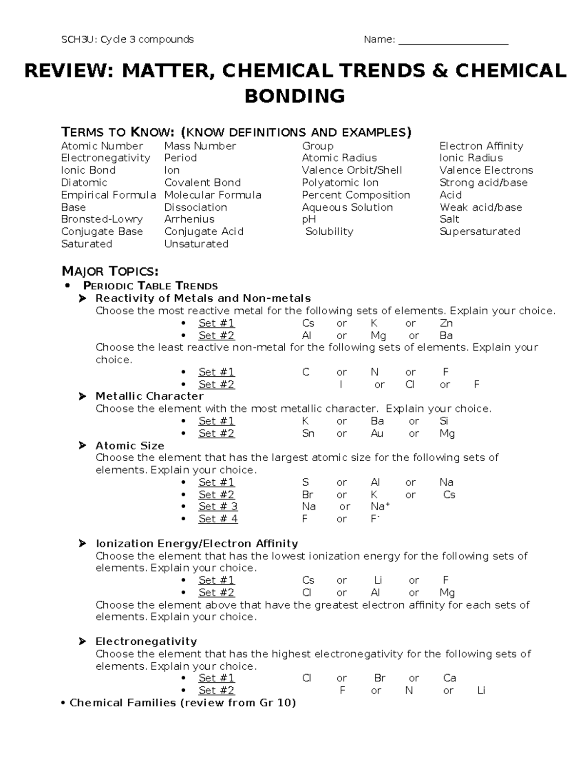 Cycle 3compoundsreview - REVIEW: MATTER, CHEMICAL TRENDS & CHEMICAL ...