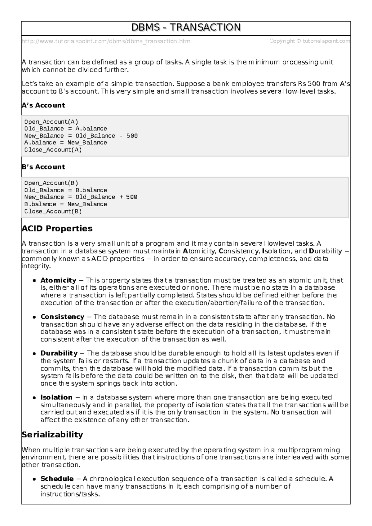 Dbms transaction - Its Lecture Notes - tutorialspoint/dbms/dbms ...