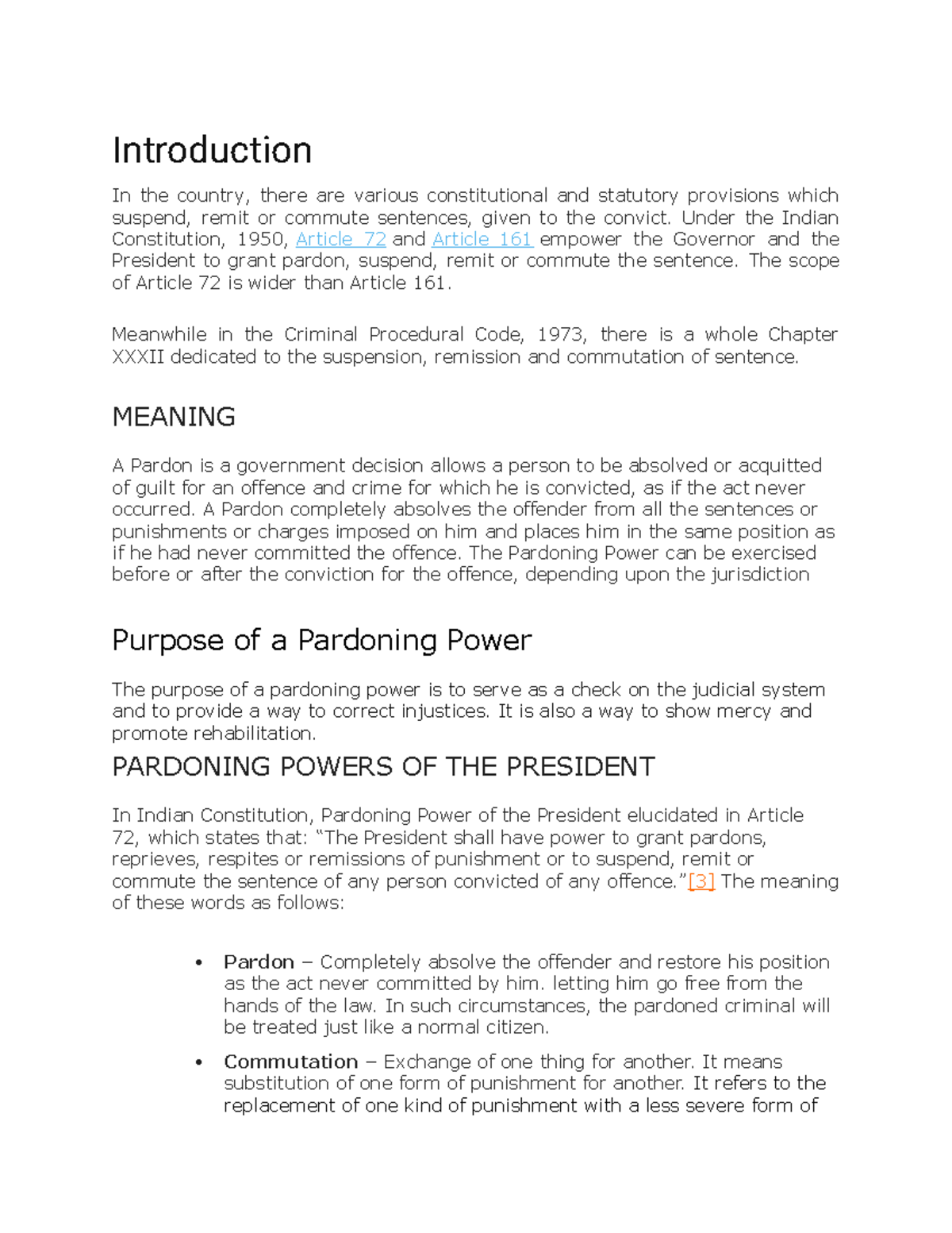 Pardoning power - Introduction In the country, there are various ...