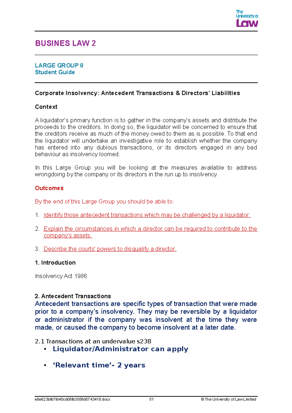 UNIT 8 Corporate Insolvency directors LG - BUSINES LAW 2 LARGE GROUP 8 ...