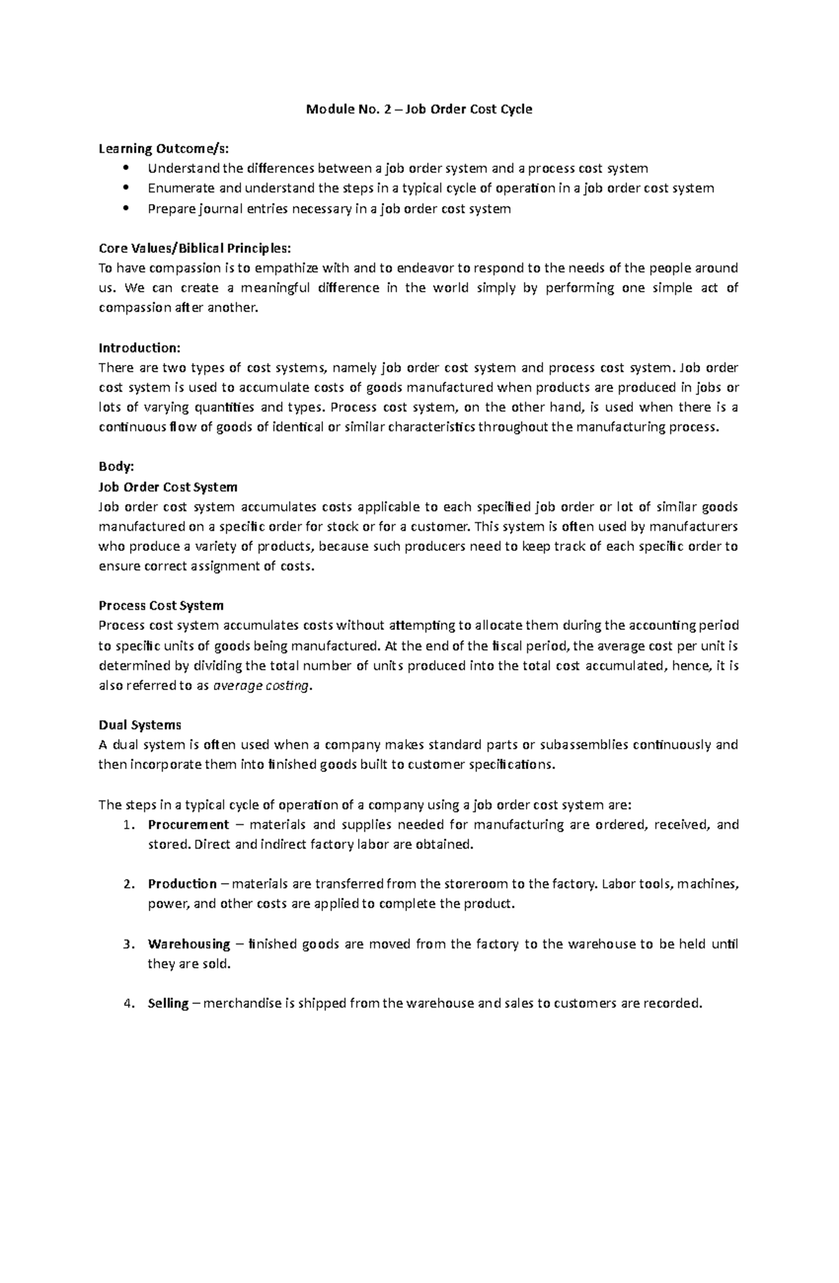 Job Order Cost Cycle Module Module No 2 Job Order Cost Cycle