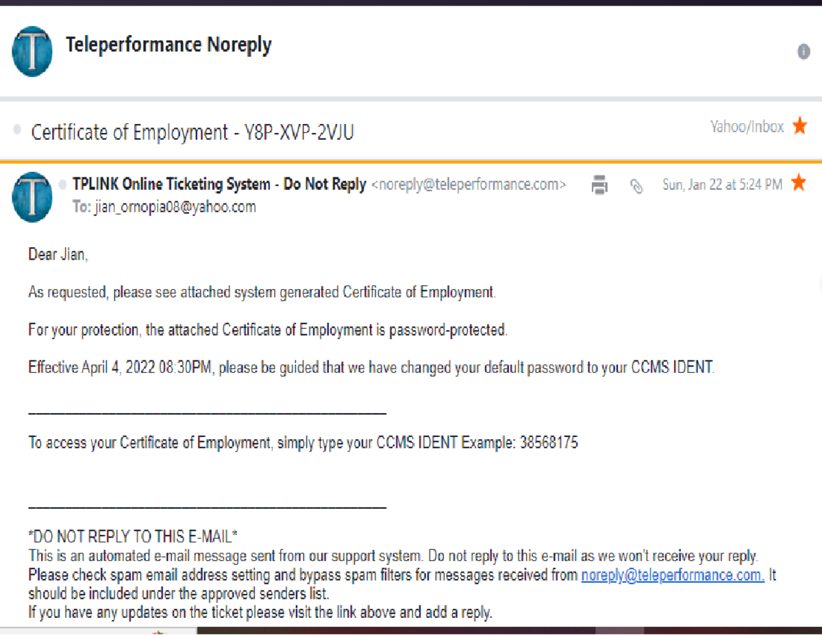 Email from teleperformance - Bachelor of Science and Accoutancy - Studocu