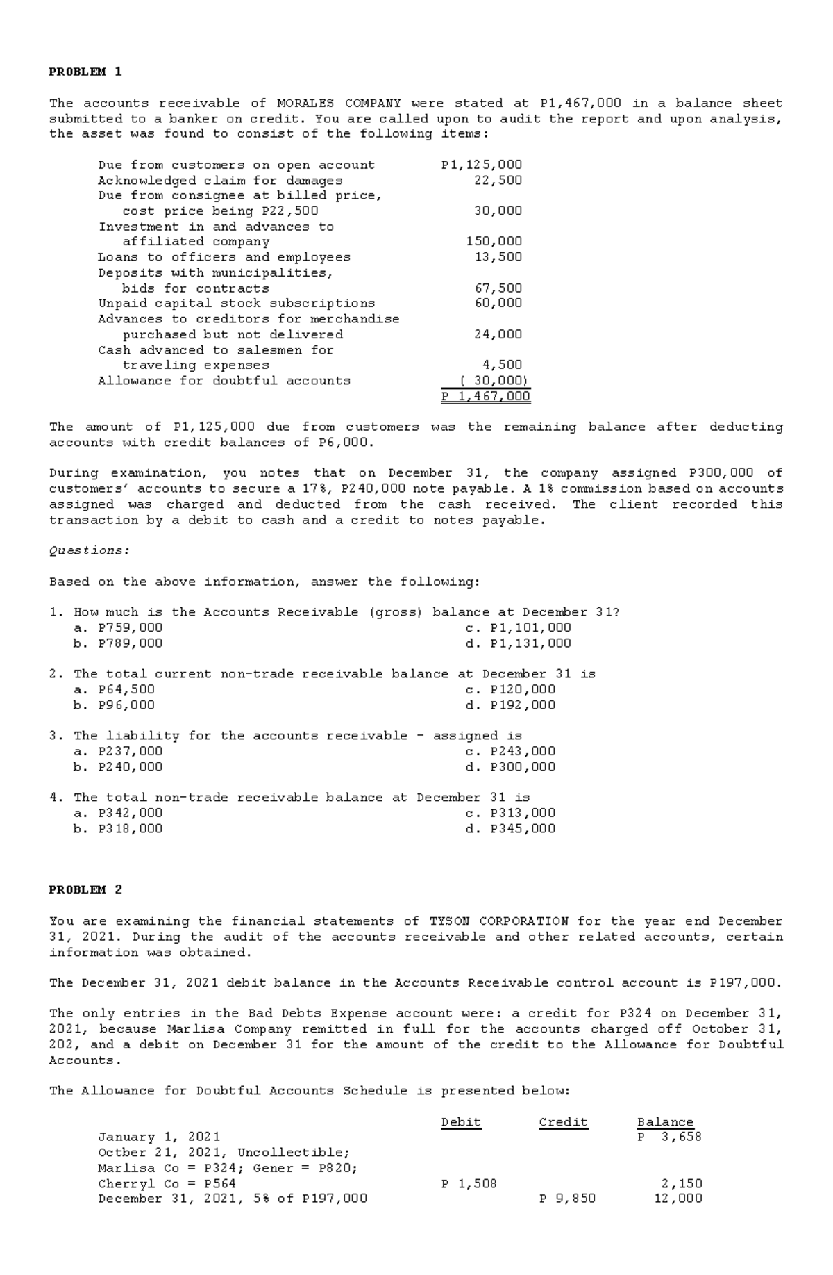 Auditing Problems - PROBLEM 1 The accounts receivable of MORALES ...