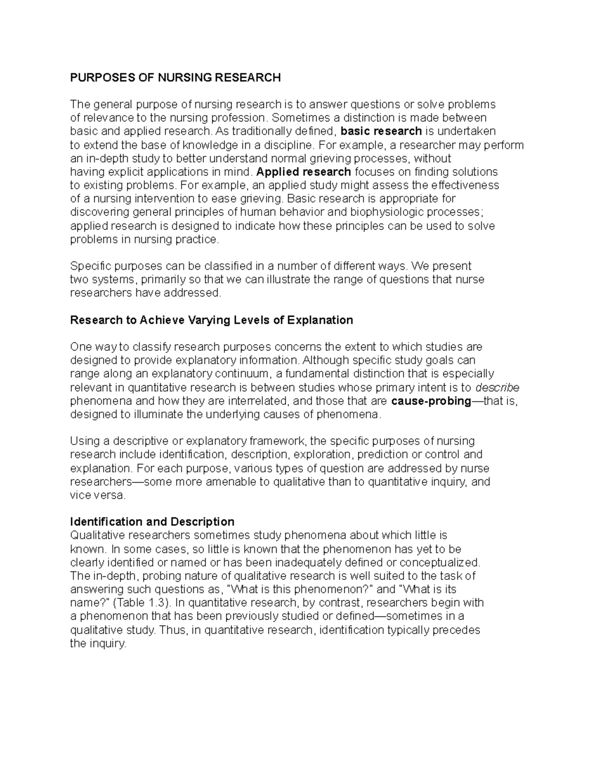 Purposes OF Nursing Research - PURPOSES OF NURSING RESEARCH The general ...