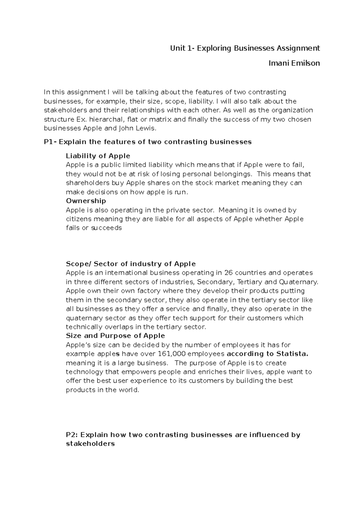 Unit 1 - Unit 1- Exploring Businesses Assignment Imani Emilson In this assignment I will be ...