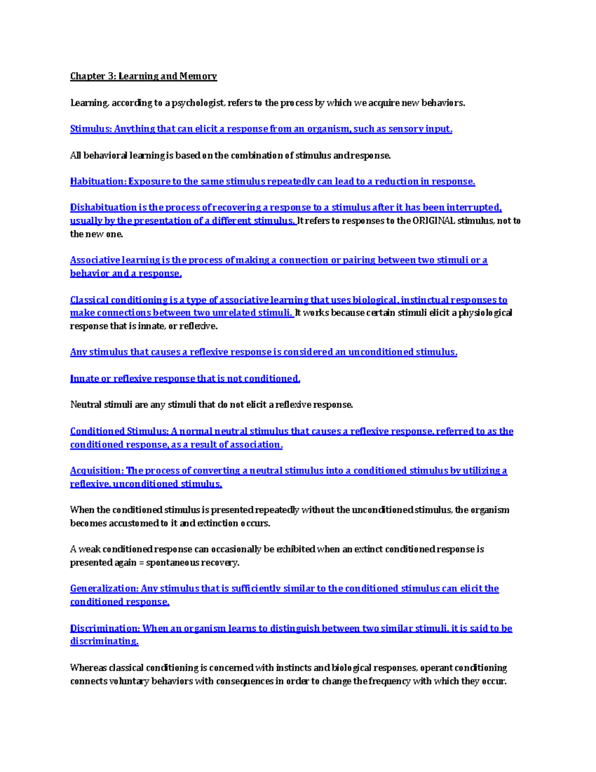 Learning and Memory - notes - Chapter 3: Learning and Memory Learning ...
