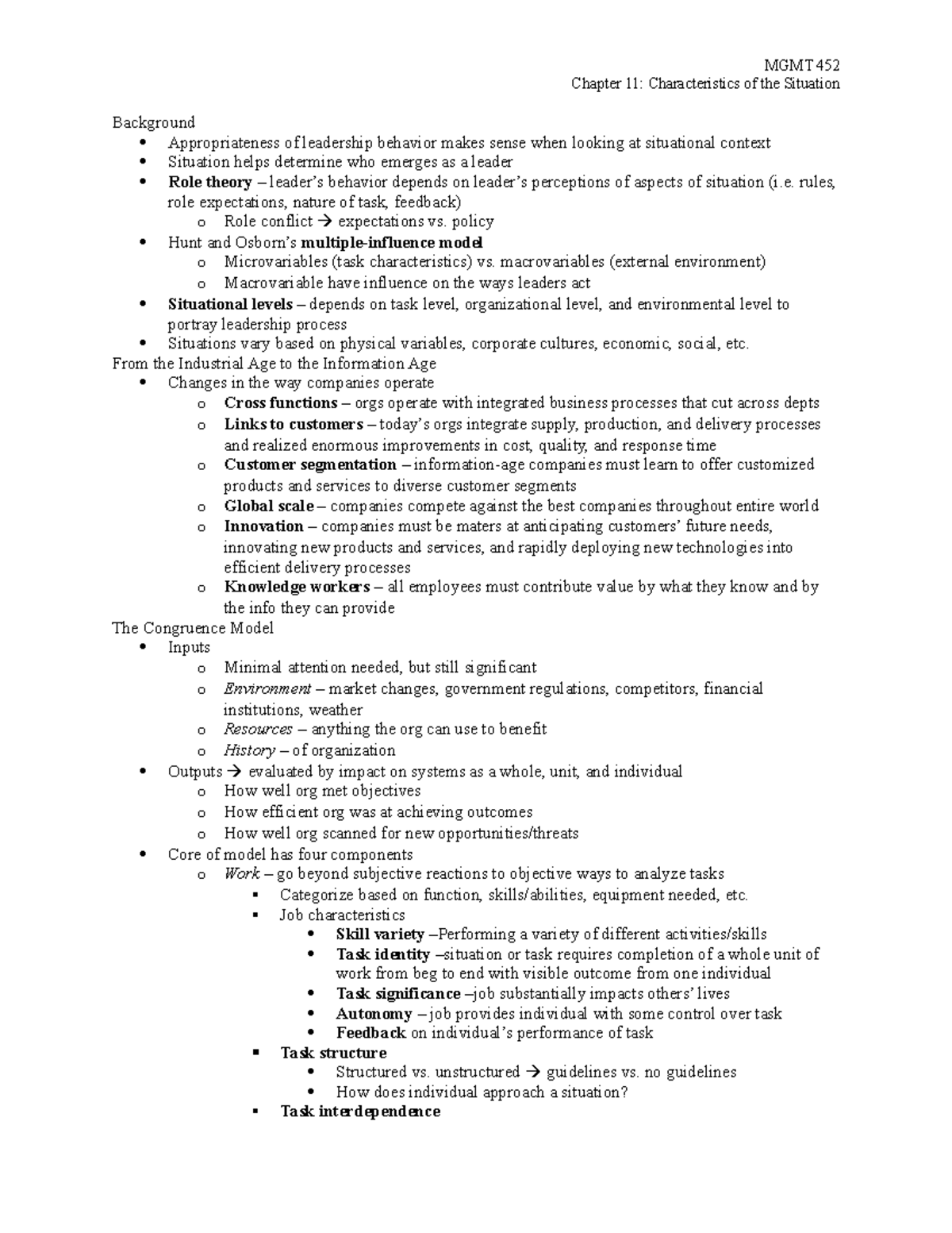 Chapter 11 - MGMT 452 Chapter 11: Characteristics of the Situation Background Appropriateness of ...