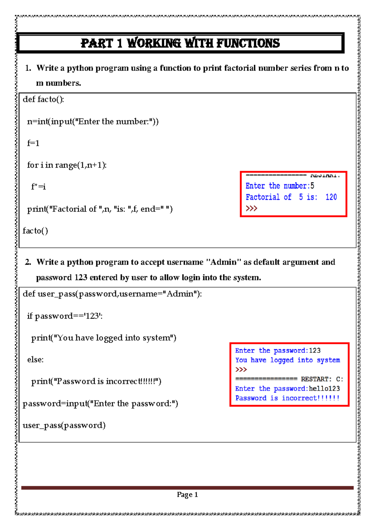 CS Practical File 2023-24 - Part 1 working with functions Write a ...