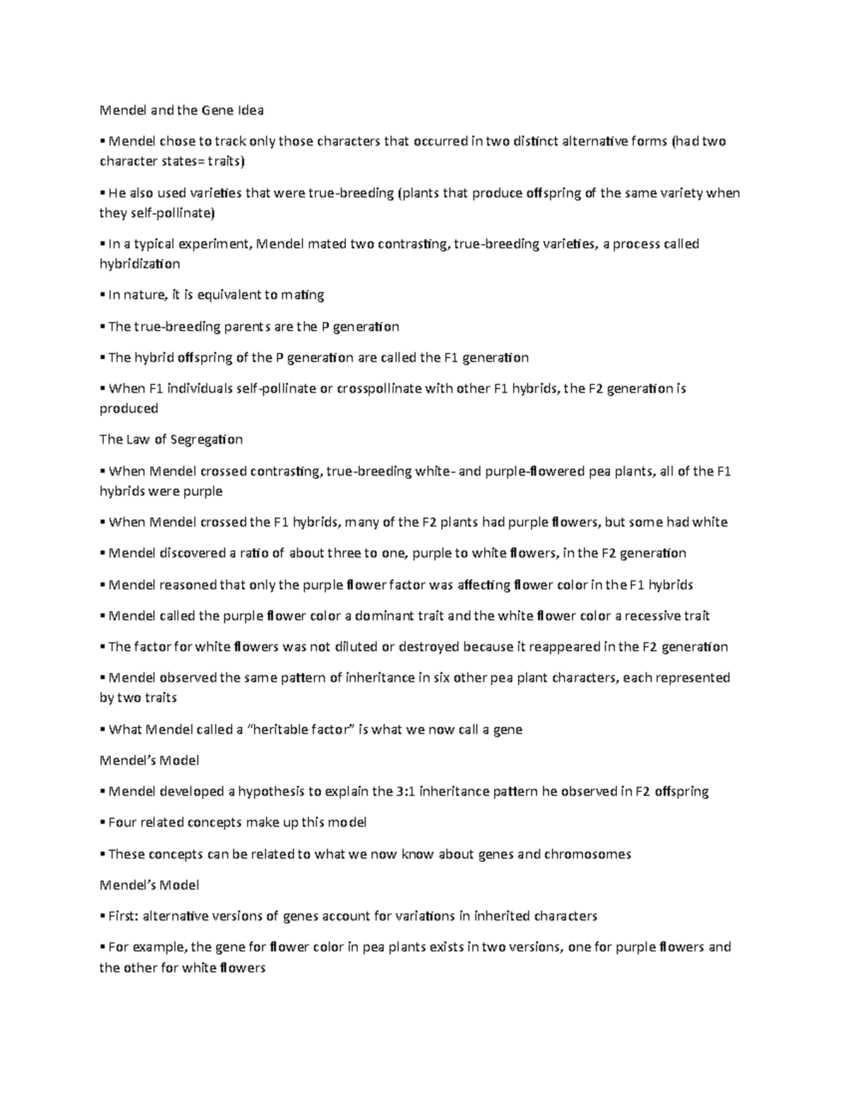 BIOL 9 - BIOL 102 Lecture 9 notes - Mendel and the Gene Idea Mendel ...