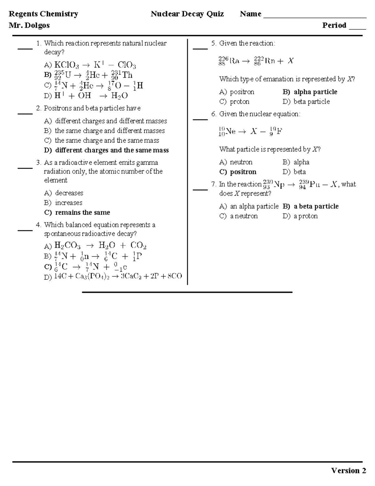 Quiz - nuclear decay eqns T2 - Regents Chemistry Nuclear Decay Quiz ...
