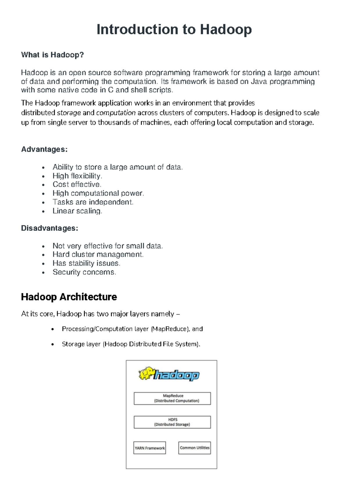 Big data - ch 2 - Summary Big Data - Introduction to Hadoop What is Hadoop? Hadoop is an open ...