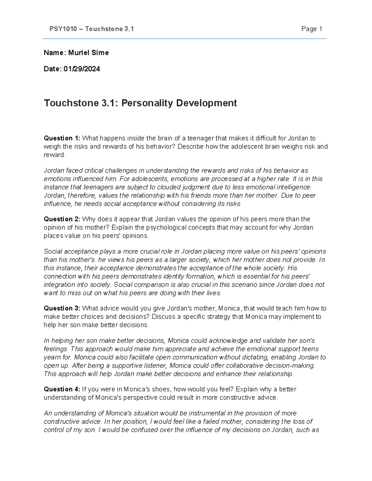 Order 6915337 Touchstone 31 Personality Development - PSY1010 – Touchstone 3 Page 1 Name: Muriel ...