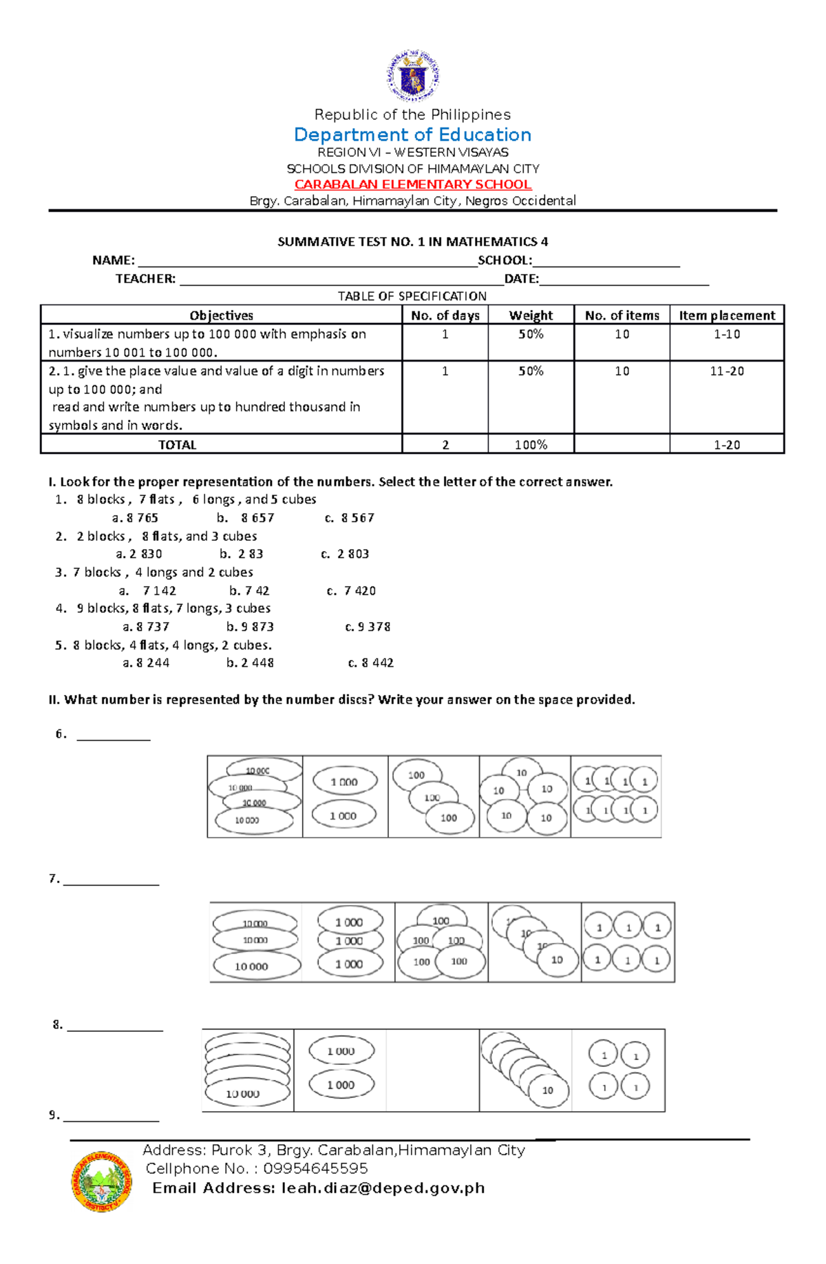 Summative TEST No 4 In Math 4 Department Of Education REGION VI
