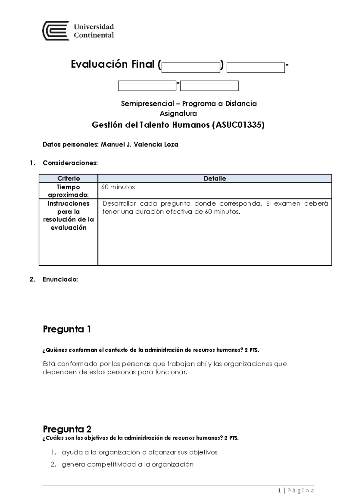 Evaluación Final 2020-20 - Gestion Talento Humano - Evaluación Final ( ) - Semipresencial ...