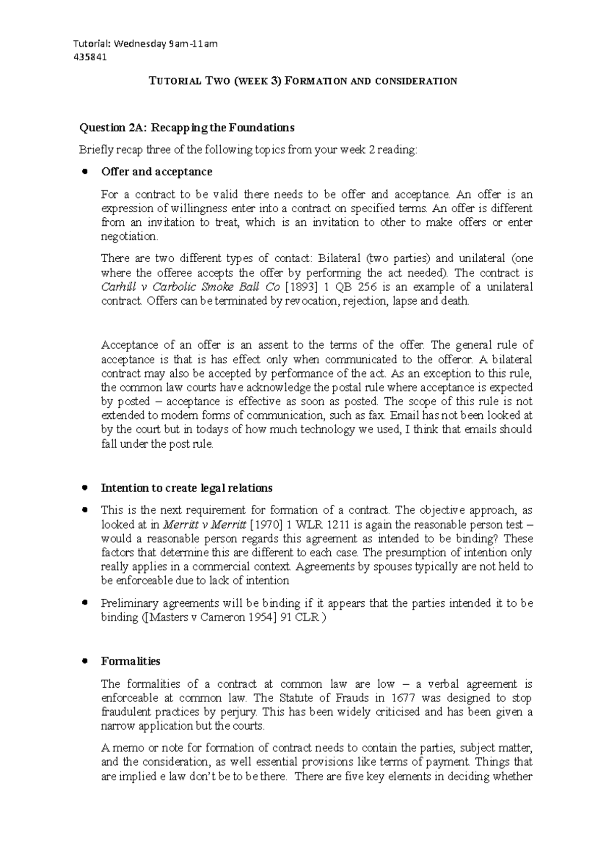 Tutorial Two Paper - Formation and consideration - Tutorial: Wednesday 9am-11am 435841 TUTORIAL ...