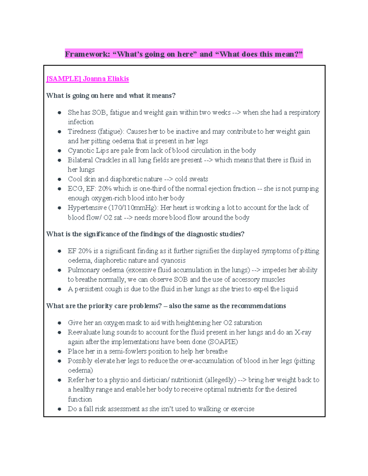 NURS1002 Sample Scenario - Framework: “What’s going on here” and “What ...
