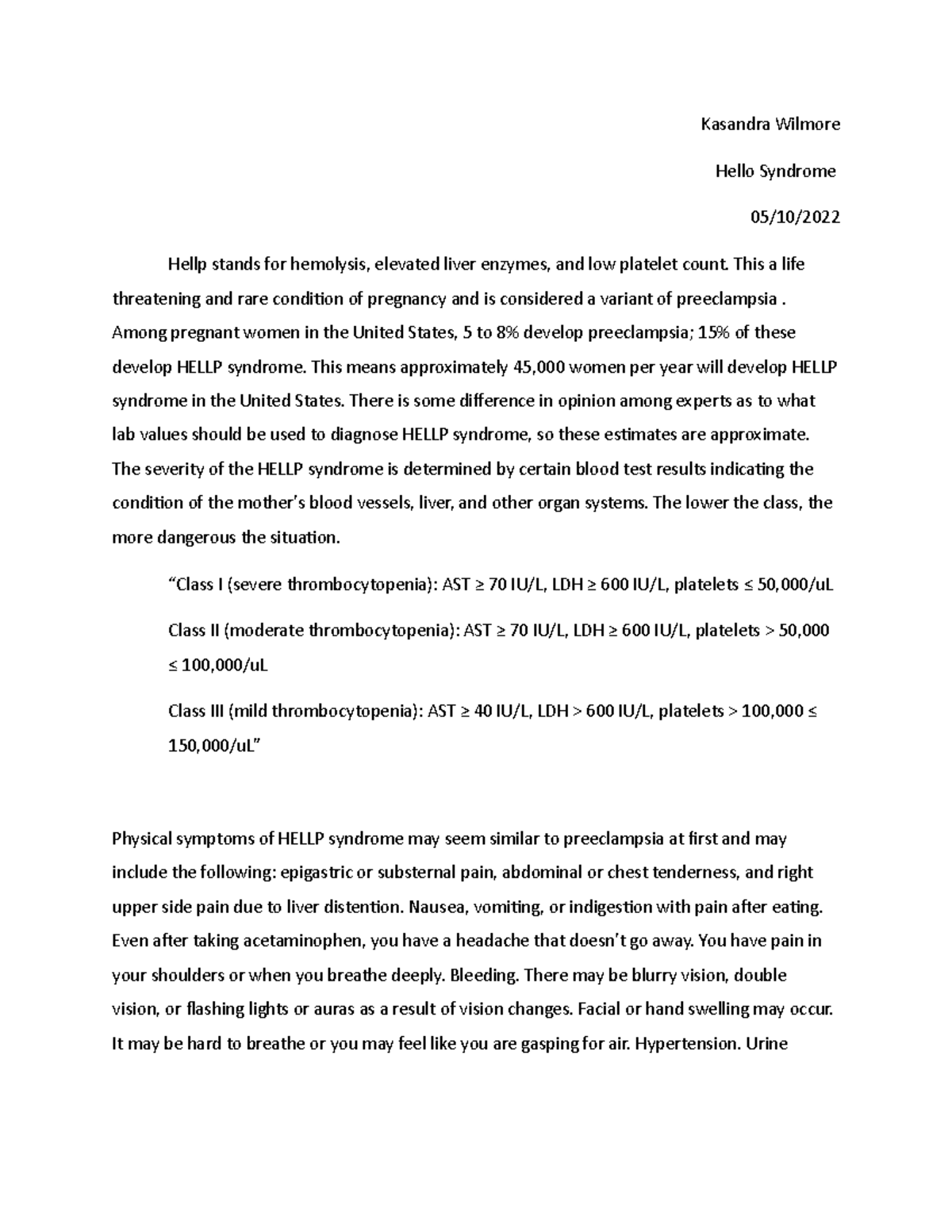 Kasandra Wilmore hellp paper - Kasandra Wilmore Hello Syndrome 05/10 ...